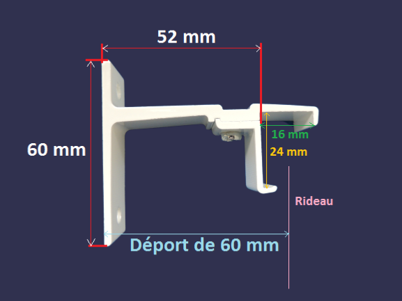 Support pour rail rideau 24x16mm avec déport 60 mm